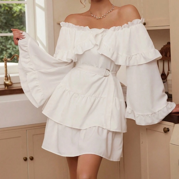 BellanBlue | Dresses | Boho White Ruffle Hem Belted Off Shoulder Mini ...